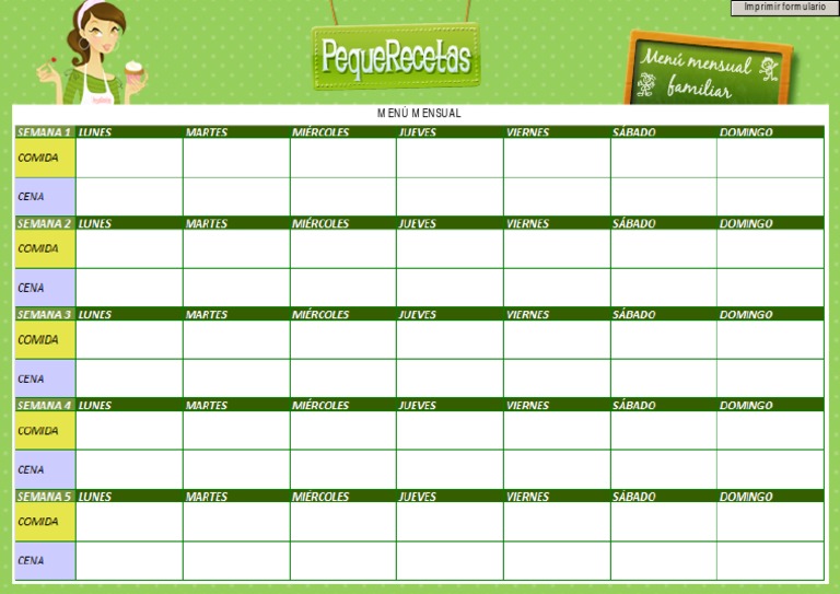 Plantilla Menu Mensual Editable