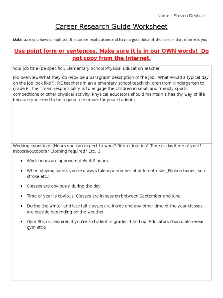 Career Research Guide Worksheet | PDF