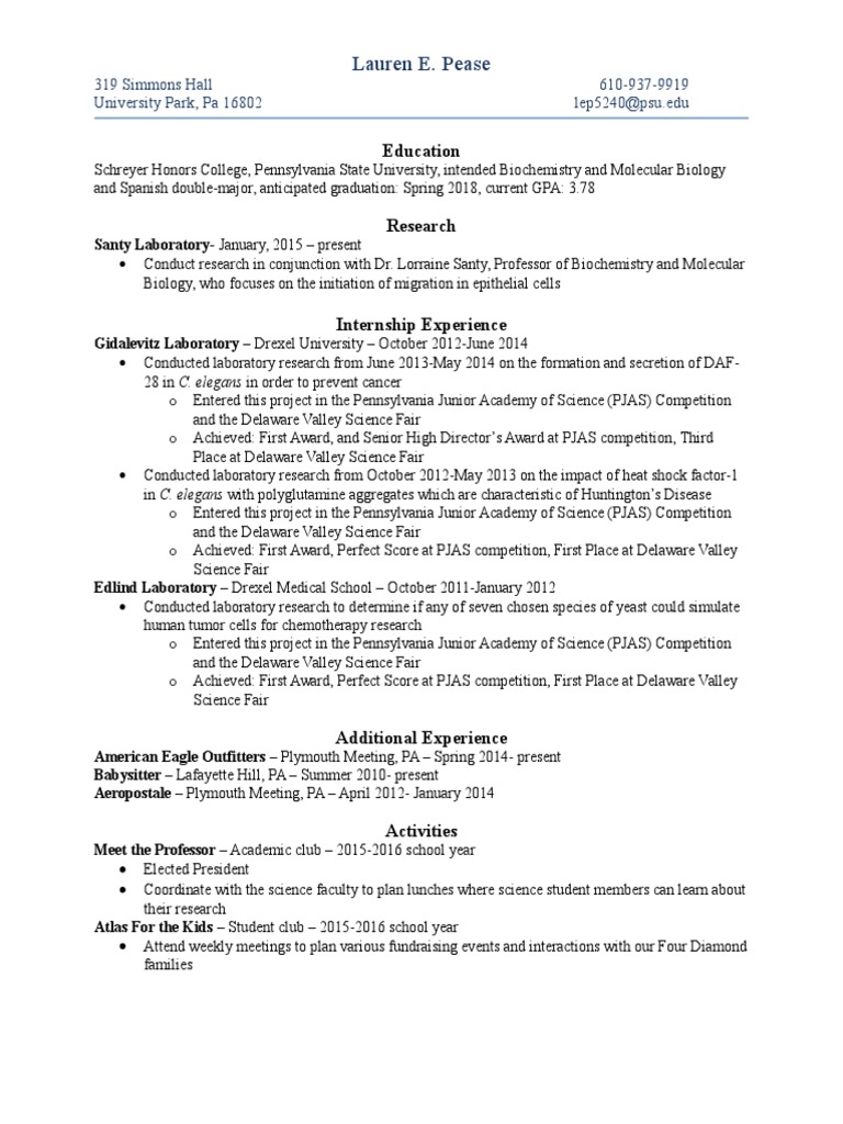 Lauren Pease: Biochem Research & Honors | PDF