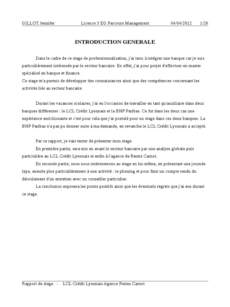 Rapport de Stage Banque LCL | PDF | Banque centrale européenne | Banques