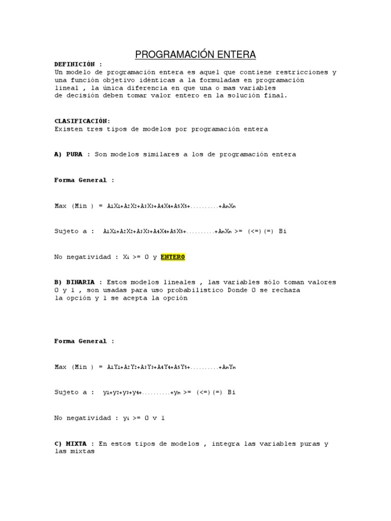 EJERCICIOS PROGRAMACIÓN ENTERA | PDF | Programación lineal | Matemáticas Aplicadas