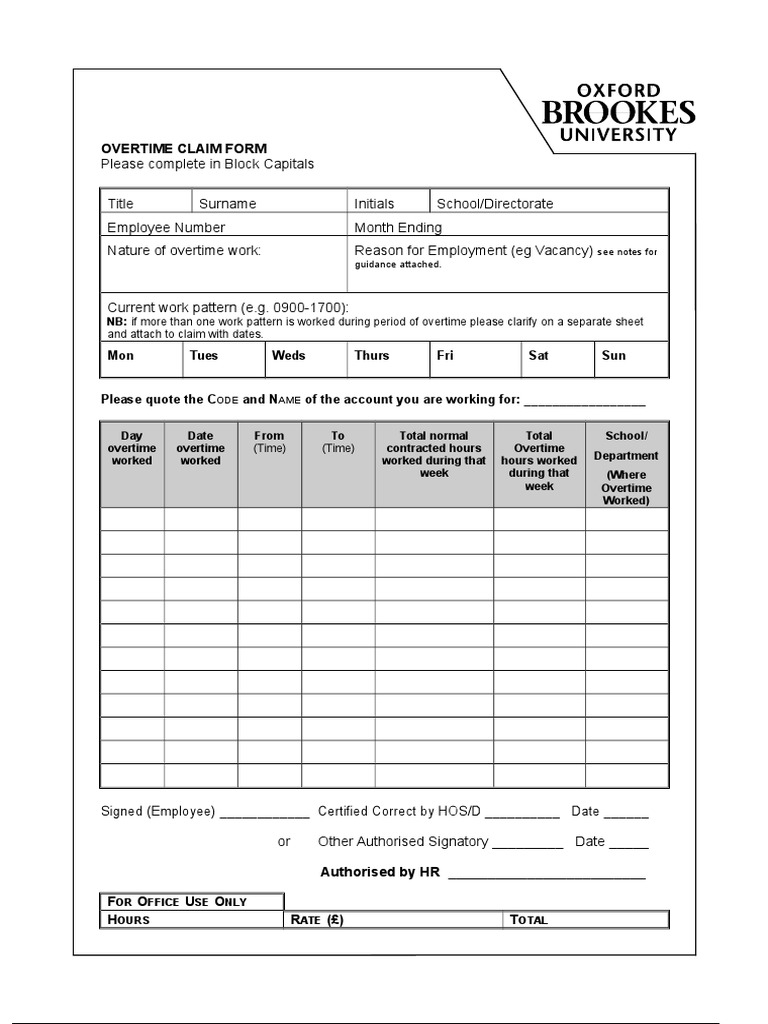 Overtime Claim Form: Mon Tues Weds Thurs Fri Sat Sun | PDF