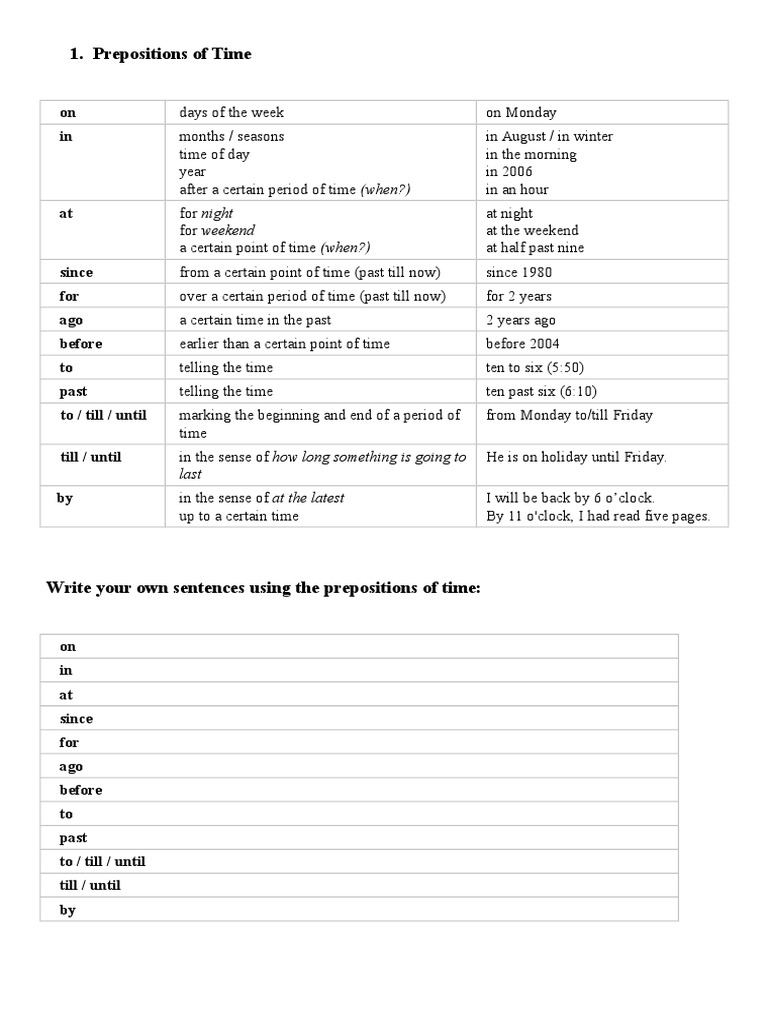 List of Main Prepositions in English | PDF | Workweek And Weekend ...
