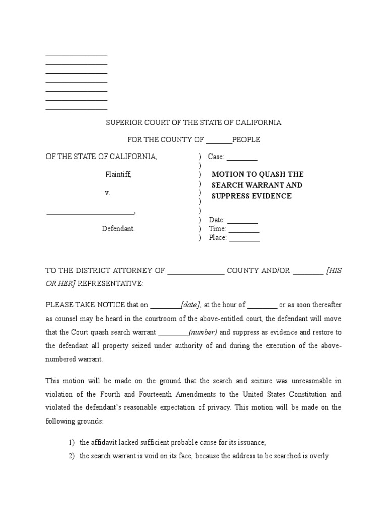 Motion To Quash The Search Warrant and Suppress Evidence | PDF | Search ...