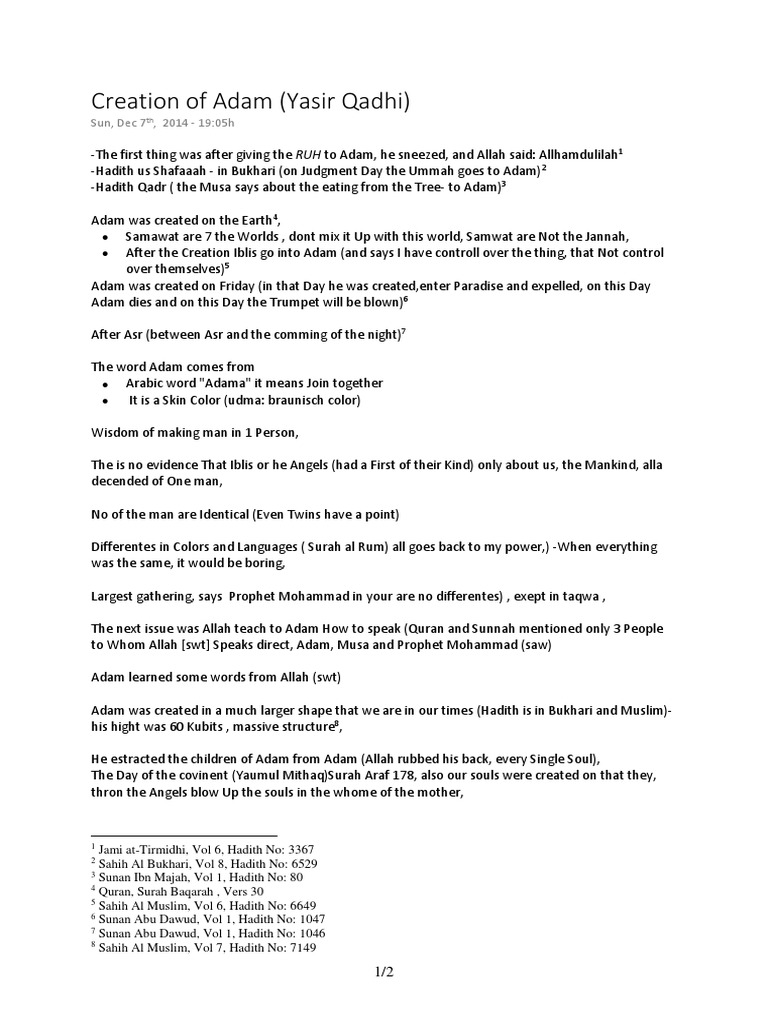 Creation of Adam (As) (Yasir Qadhi) | PDF | Hadith | Adam