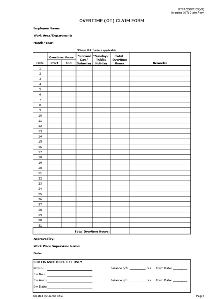 Overtime (Ot) Claim Form: Employee Name: Work Area/Department: Month ...