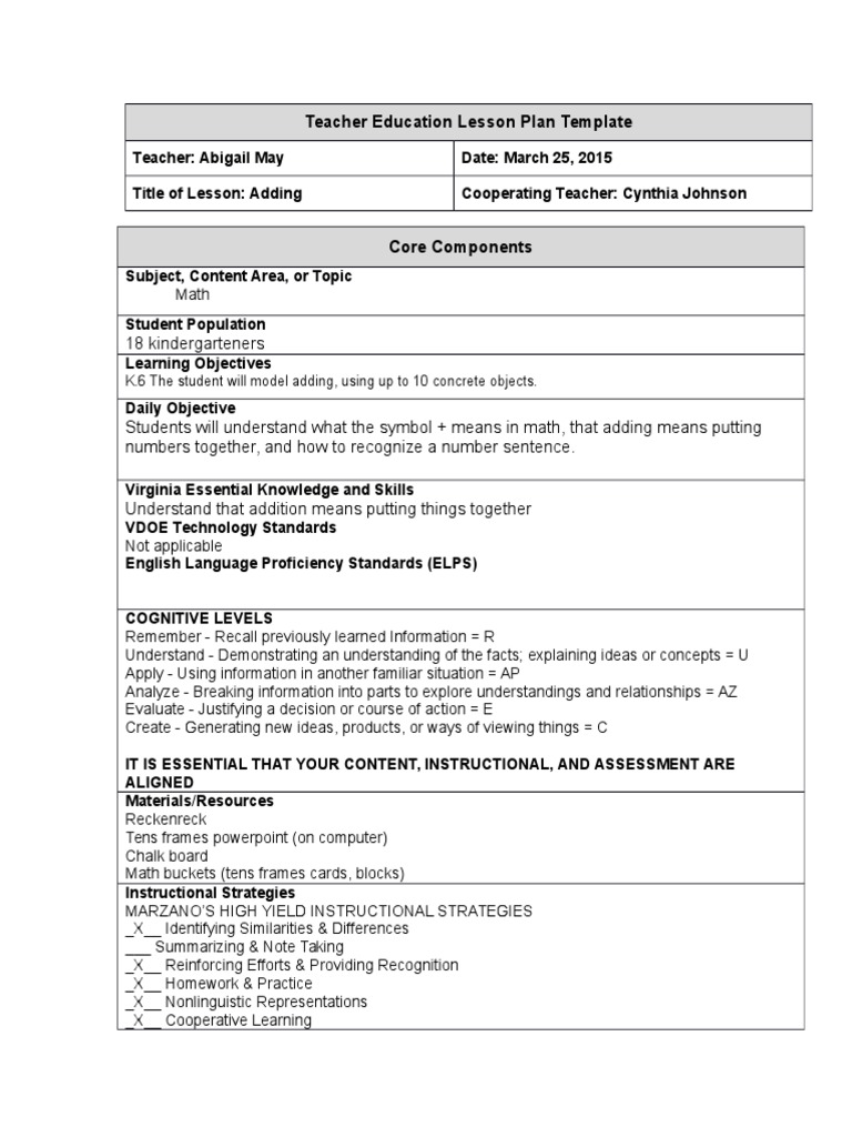 Kindergarten Addition Lesson Plan | PDF | Lesson Plan | Understanding