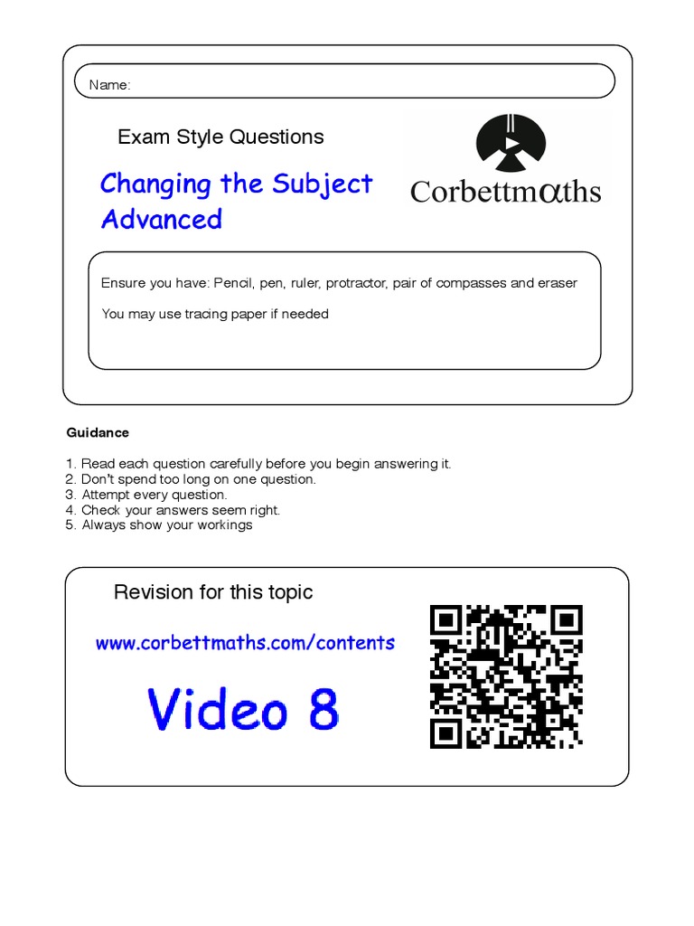 Changing the Subject of Formulas Worksheet | PDF | Language Arts ...