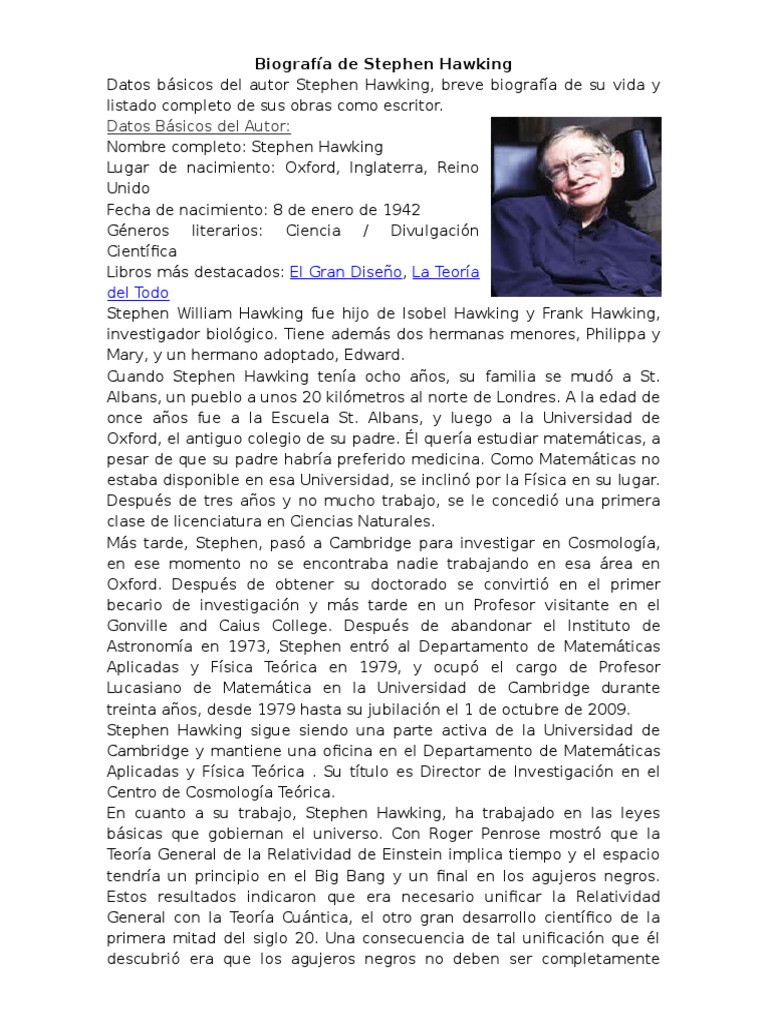 Biografía de Stephen Hawking | PDF | Stephen Hawking | Ciencias fisicas