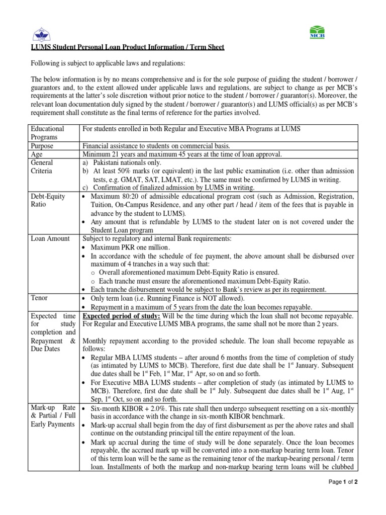 LUMS SPL Term Sheet - Final | Download Free PDF | Student Loan | Loans