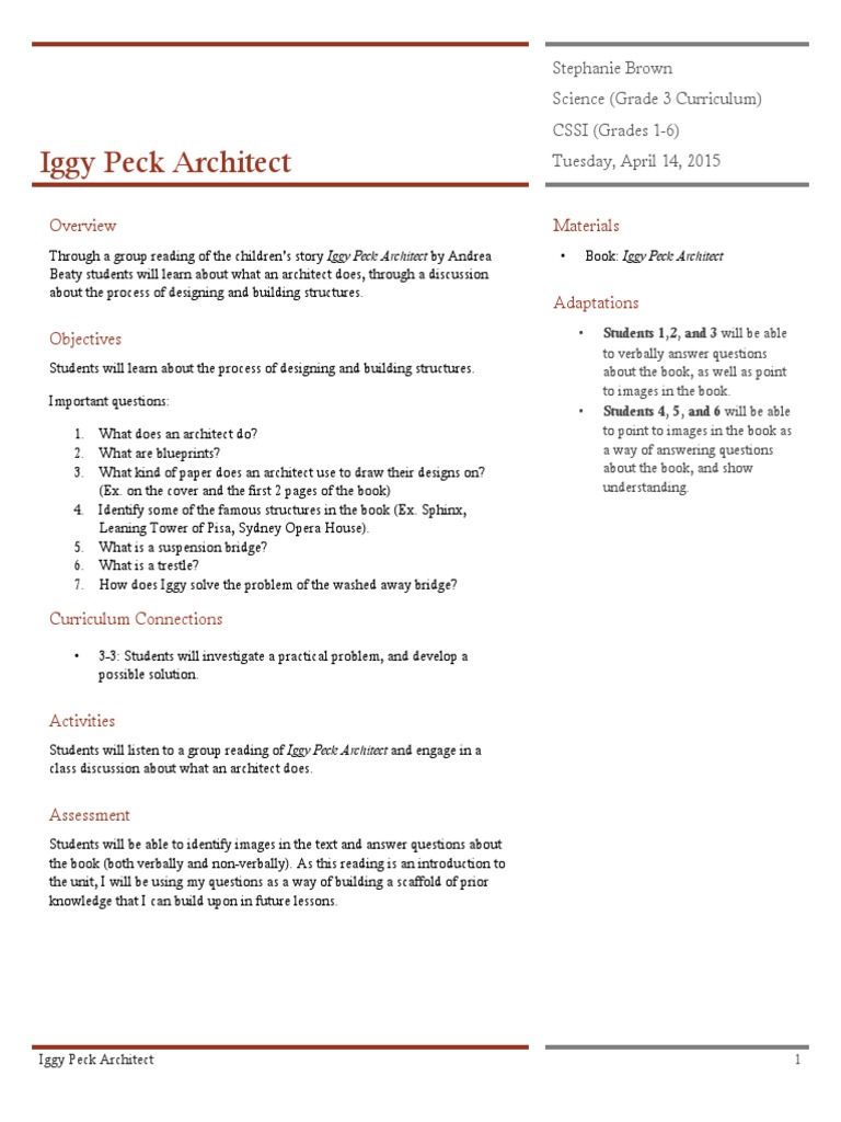 Iggy Peck Architect Lesson | PDF | Art