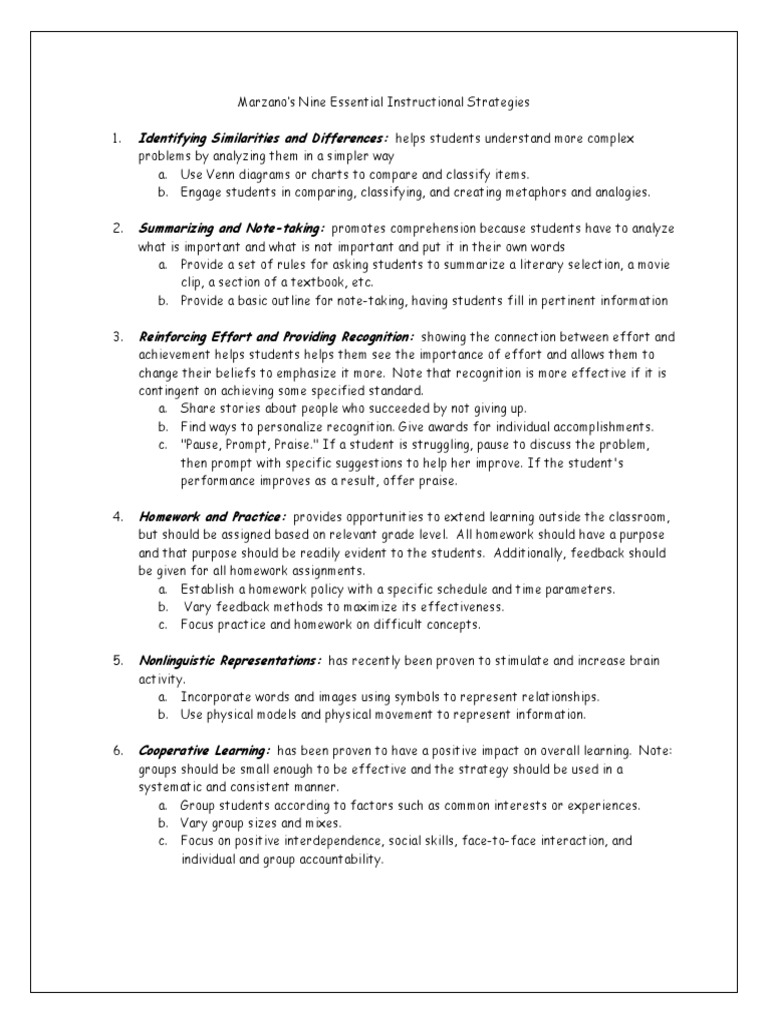 Marzano's Nine Instructional Strategies | PDF | Homework | Cognitive ...