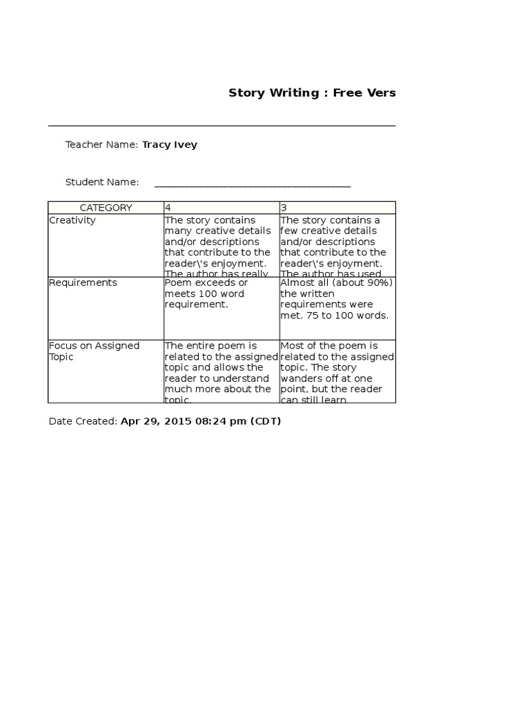Eng471 Rubric Free Verse Poem | PDF
