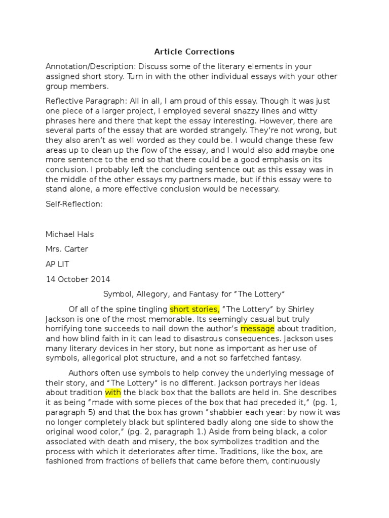 AP Lit Essay on "The Lottery" | PDF | Allegory | Essays