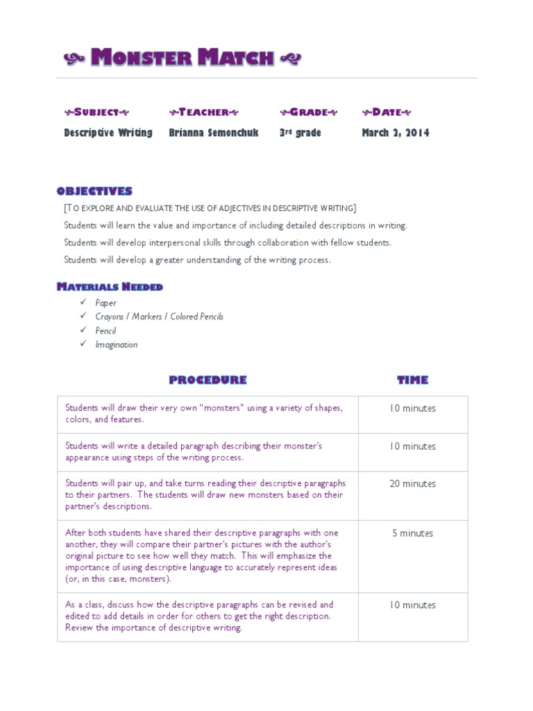 Monster Match: Enhancing Descriptive Writing | PDF | Language Arts ...