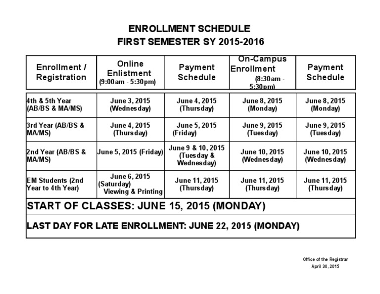 First Semester Schedule (SY2015-2016) | PDF