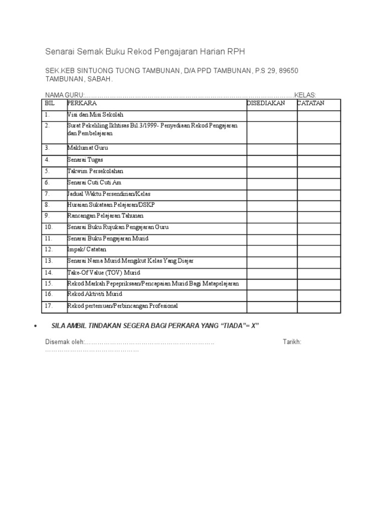 Senarai Semak Buku Rekod Pengajaran Harian RPH | PDF
