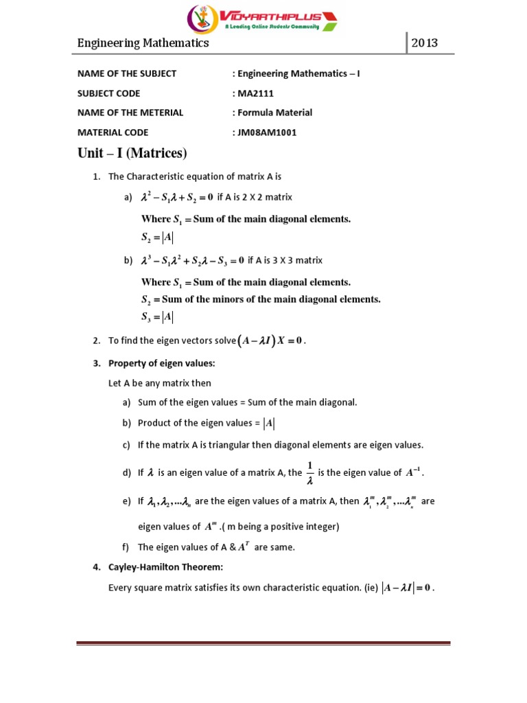 Formula - Engg Maths 1 PDF | PDF | Eigenvalues And Eigenvectors ...