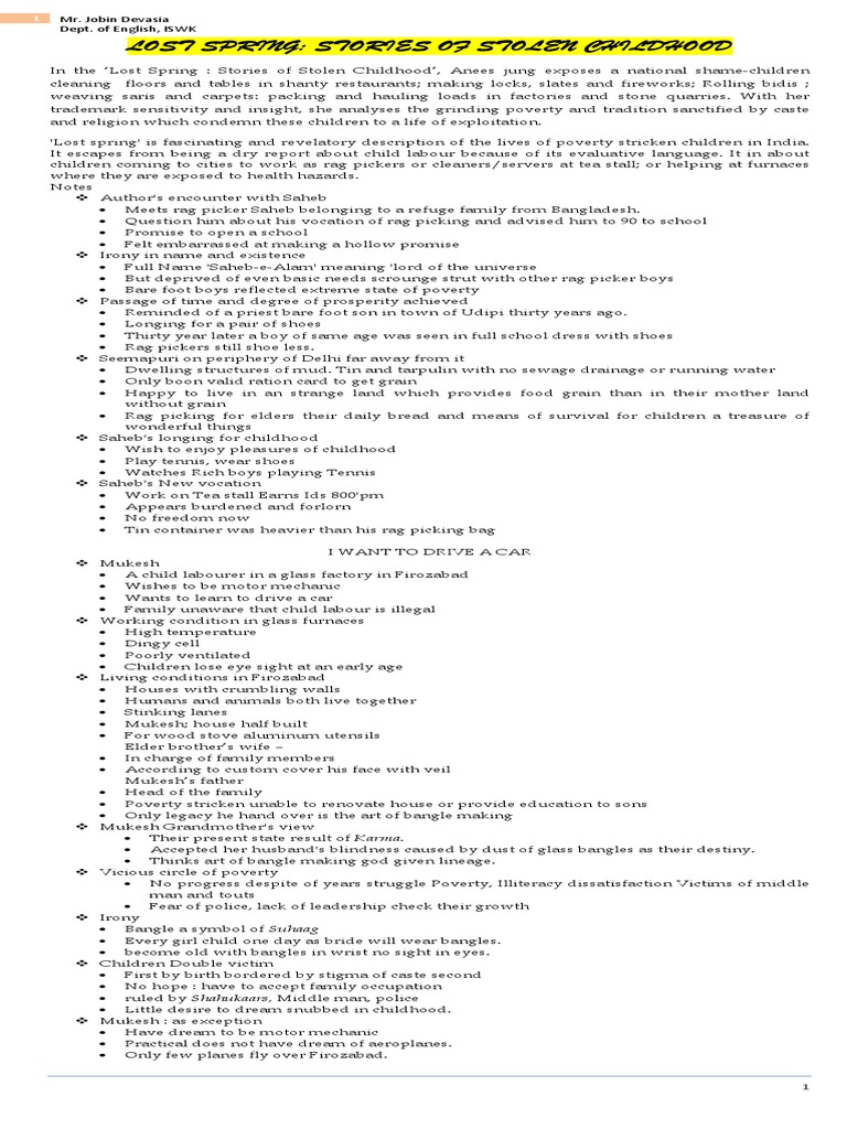 Lost Spring - Final Notes | PDF | Child Labour | Slum