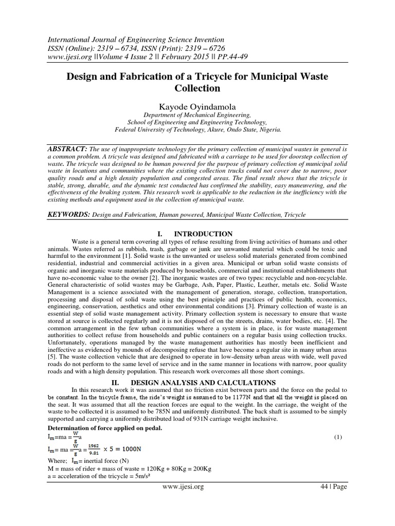 Design and Fabrication of A Tricycle For Municipal Waste Collection ...