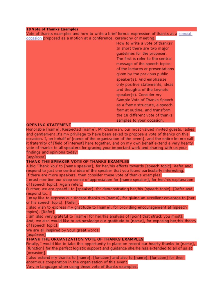 Vote of Thanks Speech Examples | PDF | Public Speaking | Birthdays