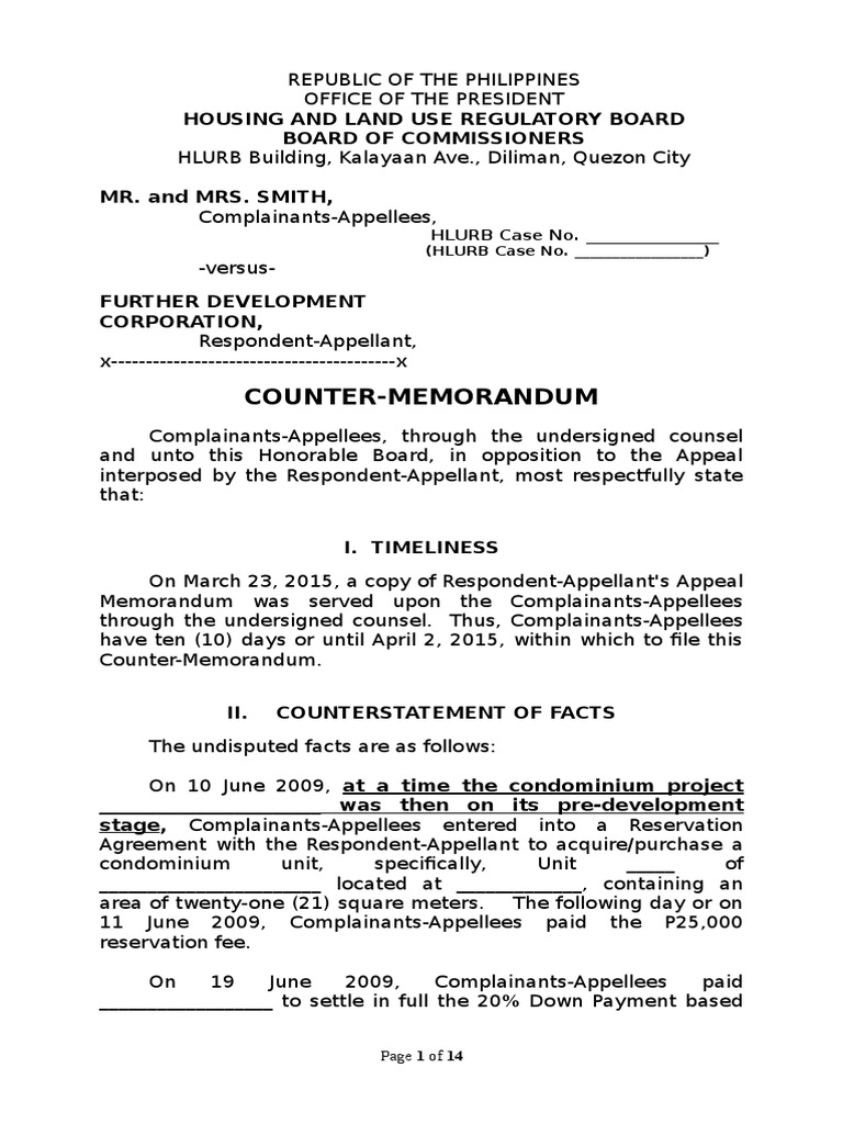 Sample Counter-Memorandum - HLURB Case | PDF | Conveyancing | Interest