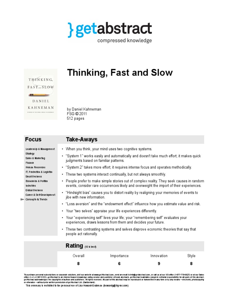 Thinking Fast and Slow | PDF | Self | Risk