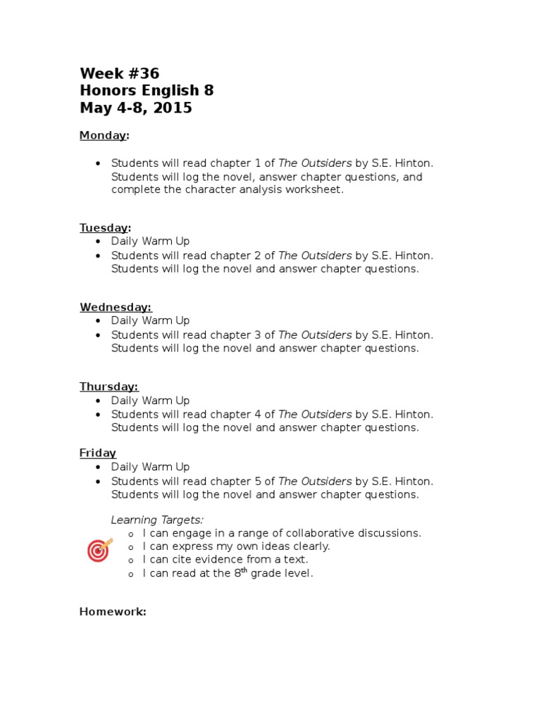 Weekly Lesson Plan: The Outsiders | PDF