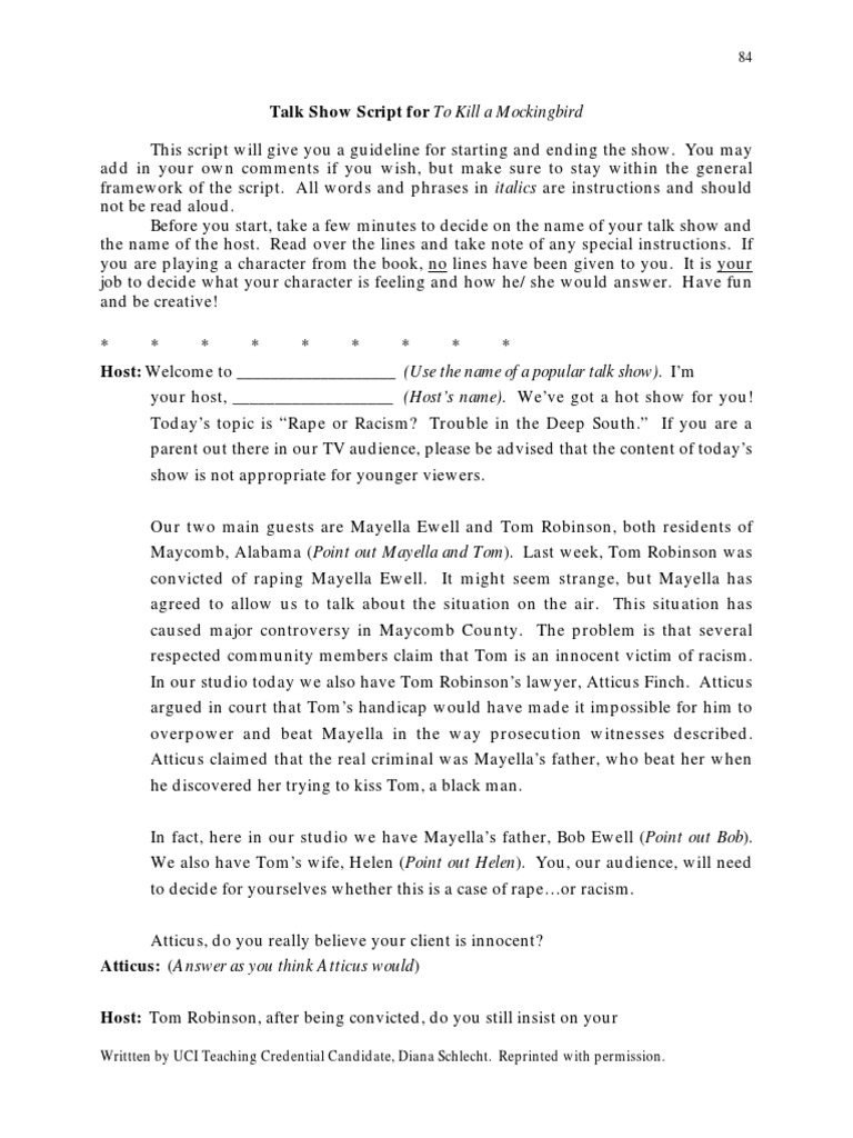 Talk Show Script Sample | PDF | To Kill A Mockingbird | Violence