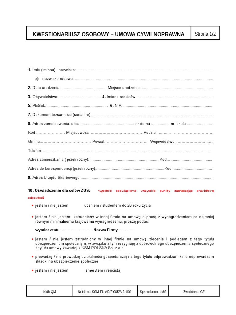 Kwestionariusz Osobowy - Umowy Cywilnoprawne (Word 97-03) .Doc - 0.odt | PDF
