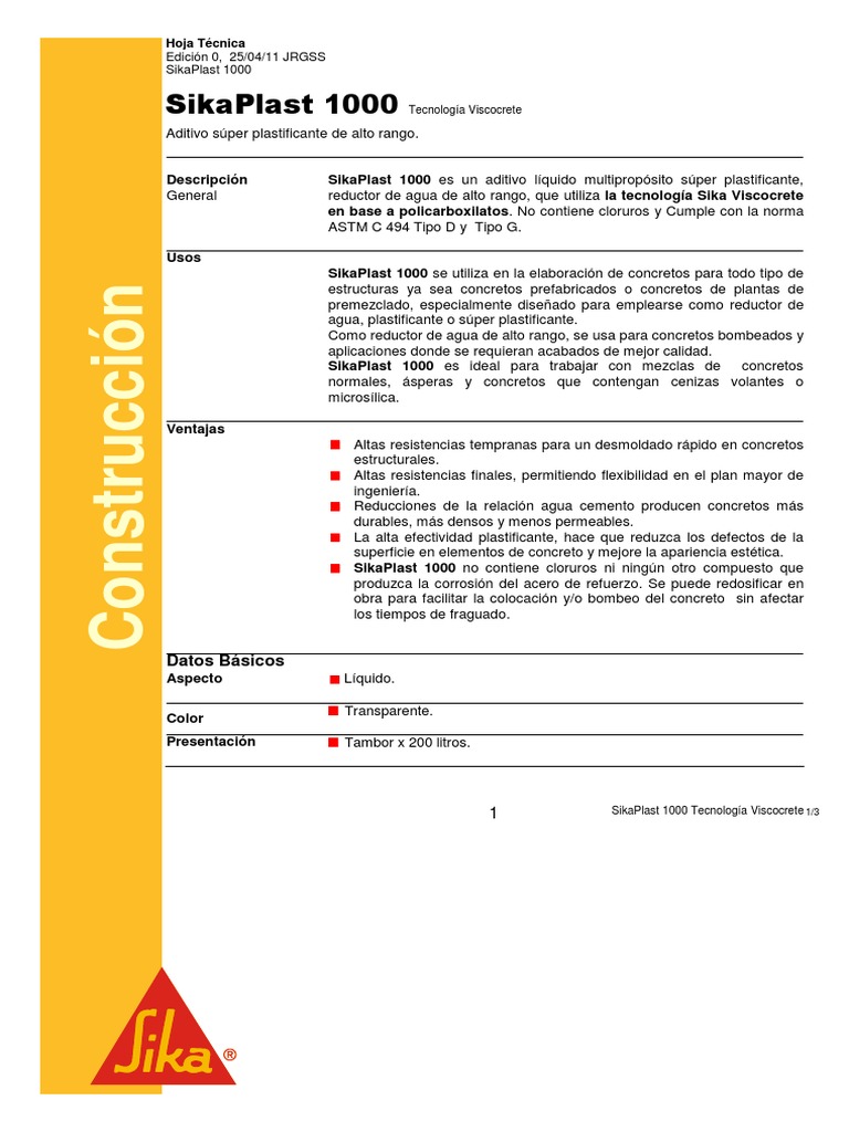 HT - SikaPlast 1000 | PDF | Hormigón | Cemento