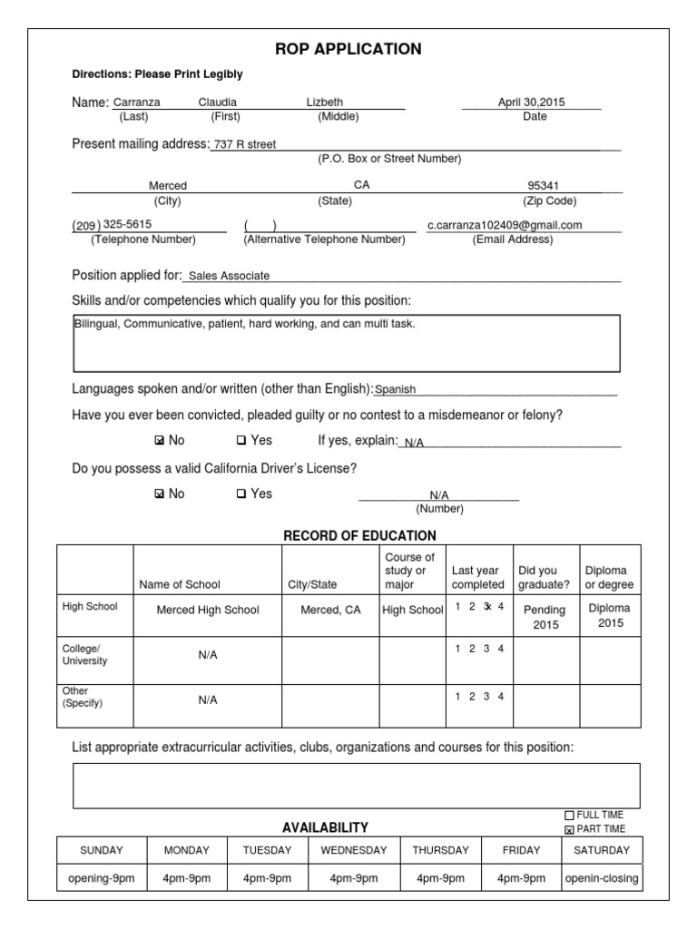 ROP Application Form Template | PDF