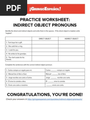 Indirect Object Pronouns Spanish Worksheet Pdf Answers Workssheet List