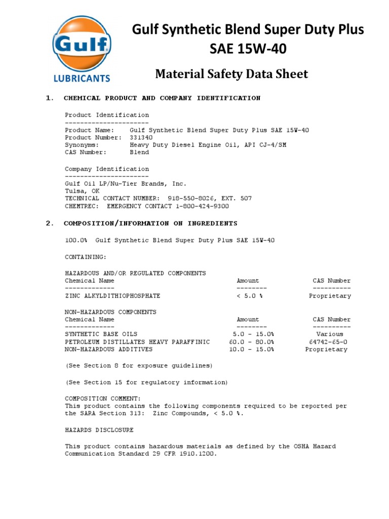 MSDS Lubricante Motor Sae 15w40 | PDF | Combustion | Carbon Dioxide