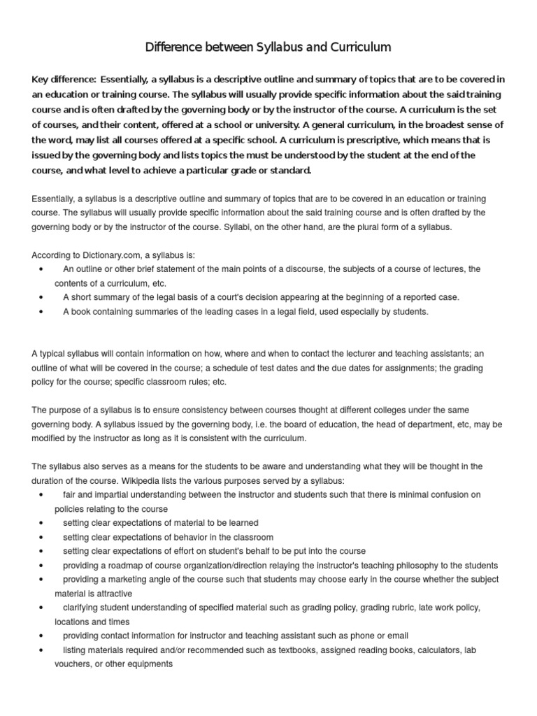 Difference Between Syllabus and Curriculum | PDF | Syllabus | Curriculum