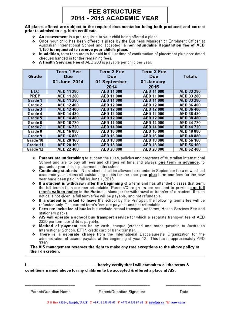 Fee Structure 2014 - 2015 ACADEMIC YEAR | PDF | Fee | Schools