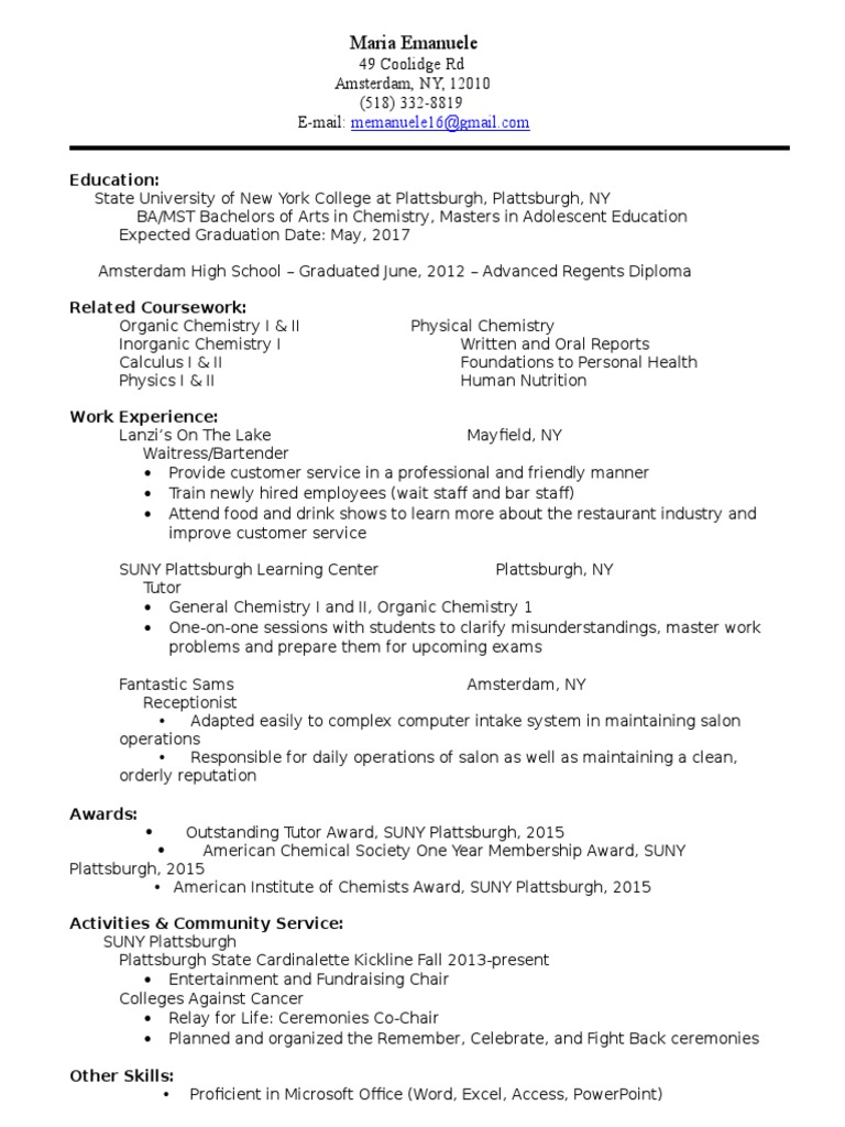 Maria Emanuele's Chemistry and Education Resume | PDF
