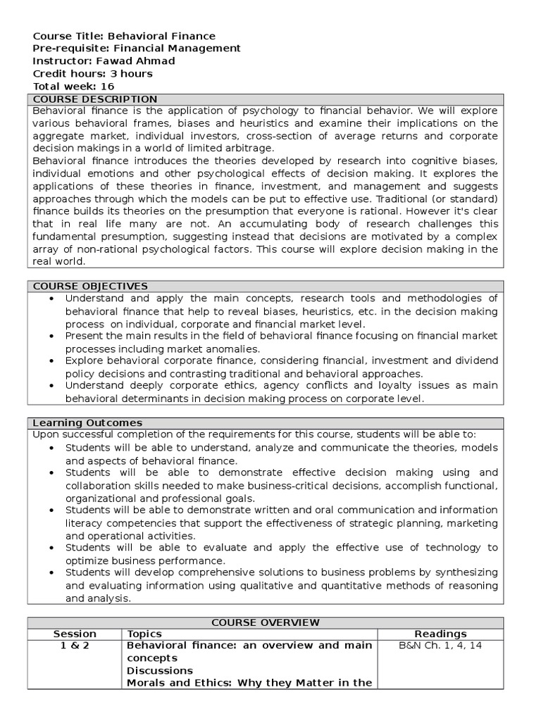Behavioral Finance Course Outline | PDF | Behavioral Economics ...