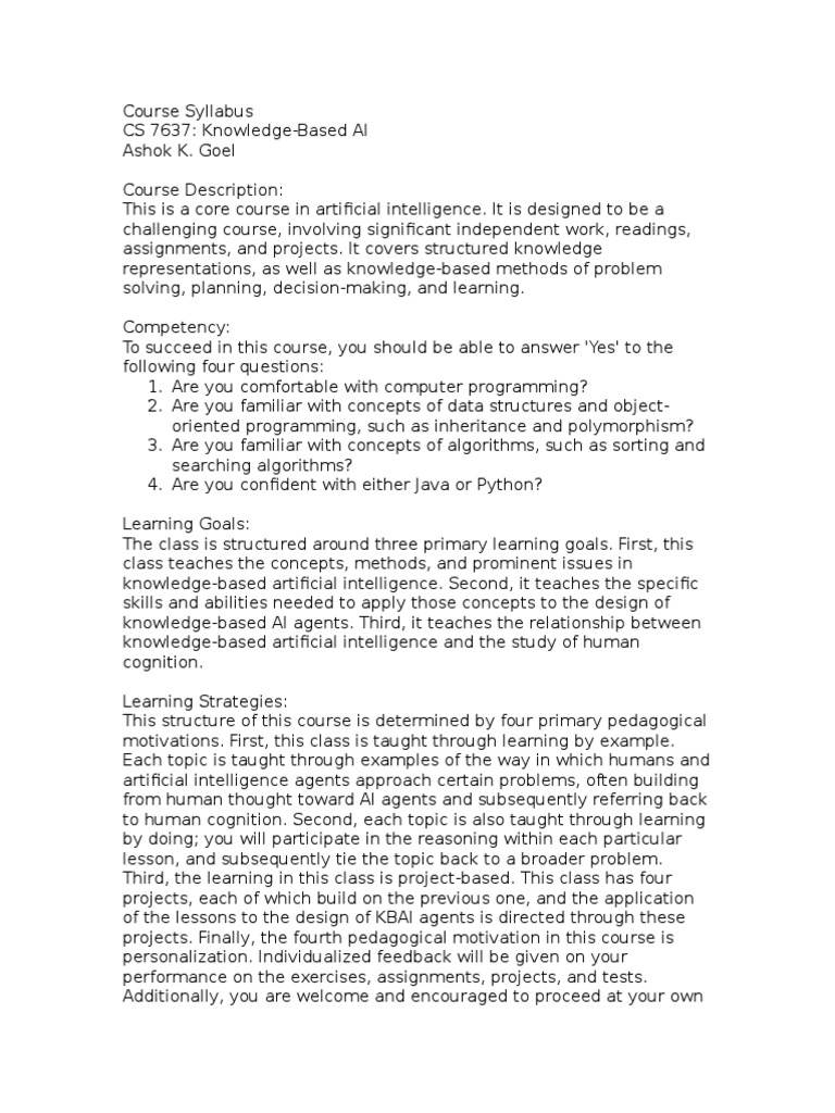 CS 7637 Knowledge Based AI Syllabus | PDF | Artificial Intelligence | Intelligence (AI) & Semantics