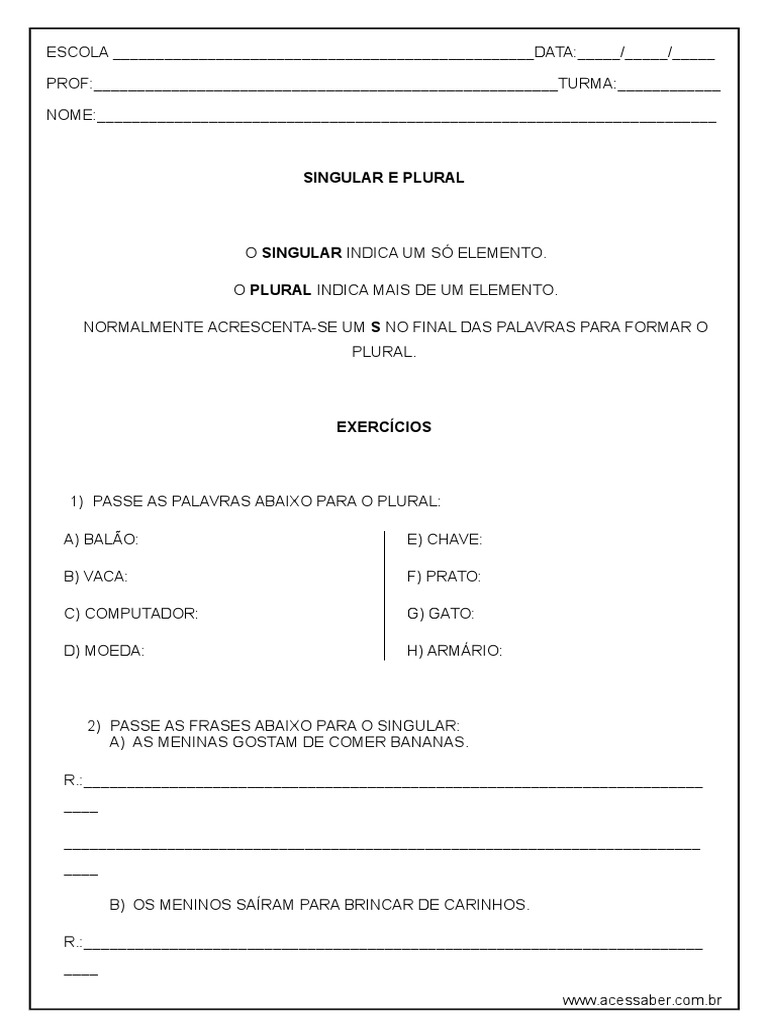 Atividades de Singular e Plural 2º Ano | PDF | Negócios