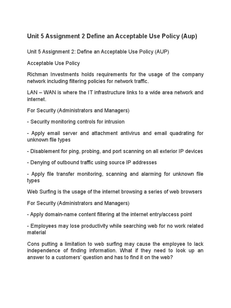 Unit 5 Assignment 2 Define An Acceptable Use Policy | PDF