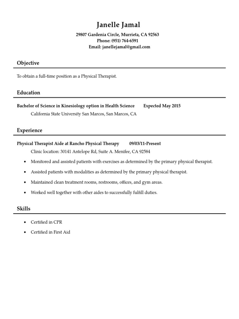 Physical Therapist Resume of Janelle Jamal | PDF