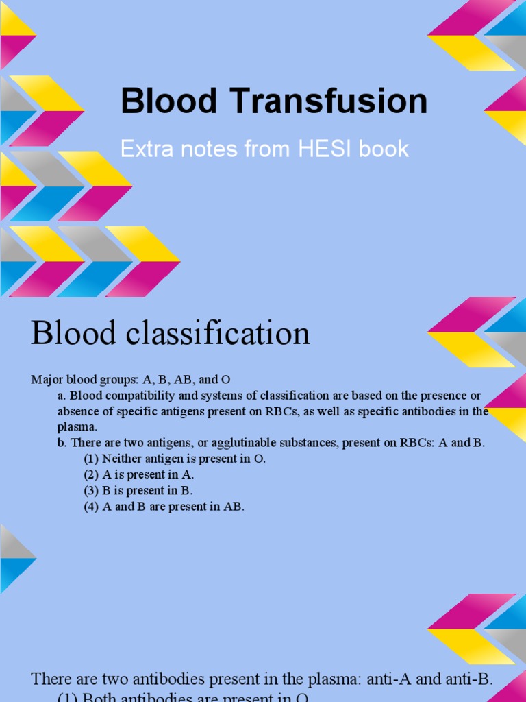 Blood Transfusion: Extra Notes From HESI Book | PDF