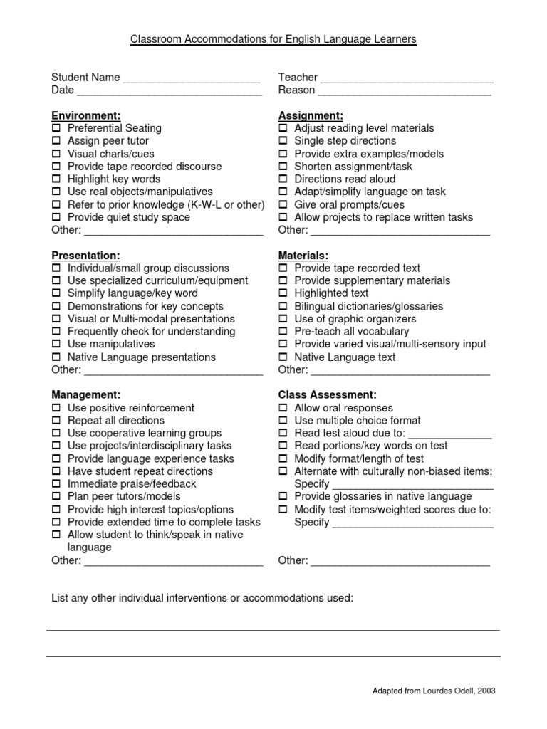 ELL Accommodation Checklist | PDF