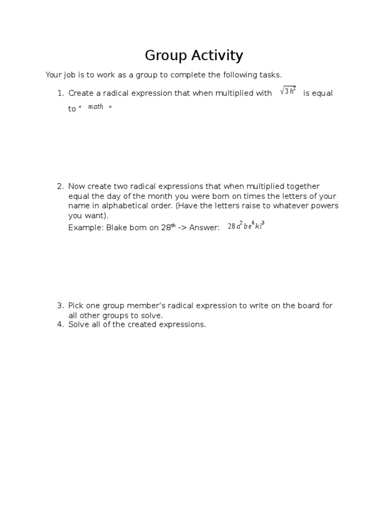 Group Activity: Exploring Radical Expressions | PDF | Teaching Methods ...