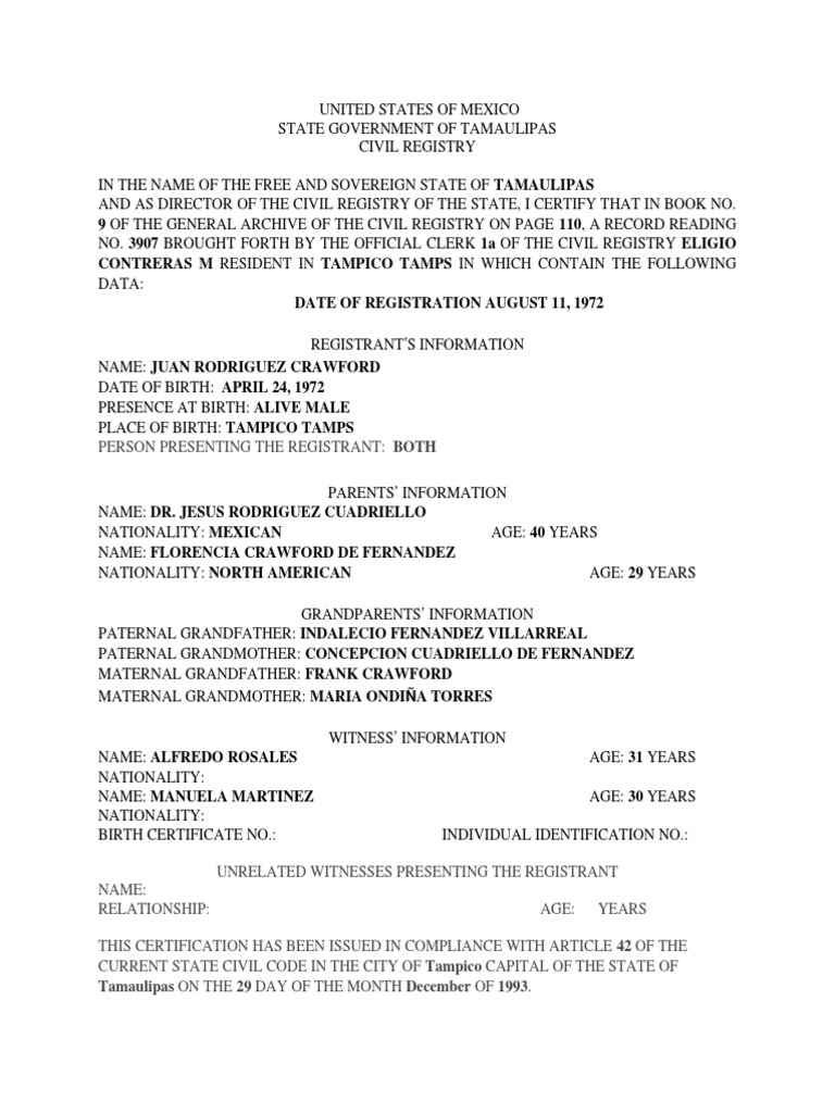 Example Translated Birth Certificates | PDF