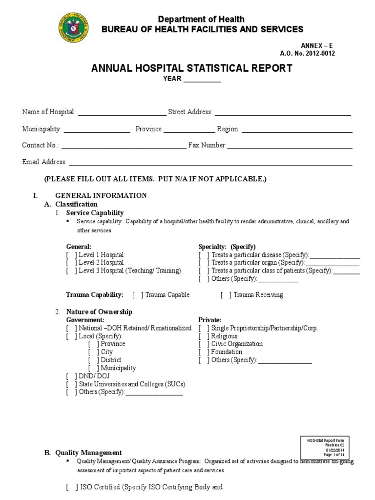 Annex e Hospital Stat Report Revised 7jan2014 | PDF | Patient ...