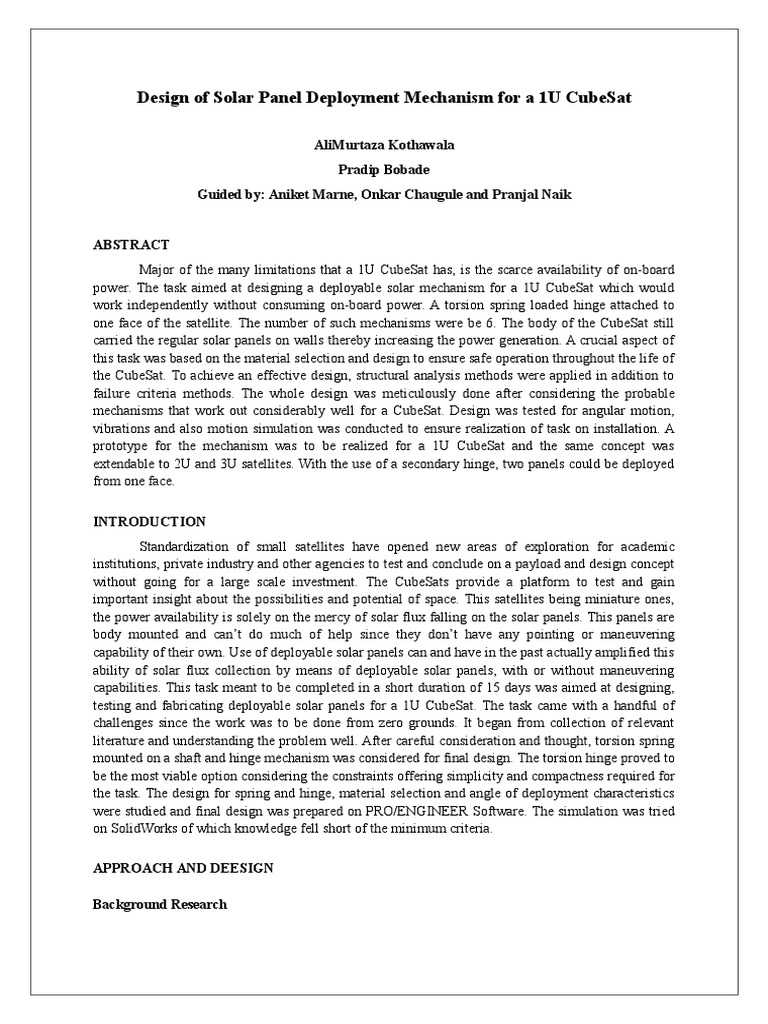 Design of Solar Panel Deployment Mechanism For A 1U CubeSat | PDF ...
