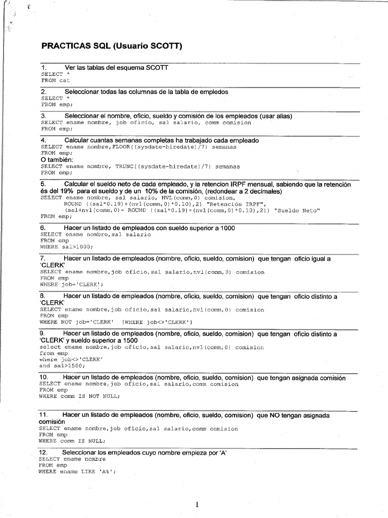 Ejercicios Resueltos de SQL en ORACLE Con El Esquema SCOTT | PDF
