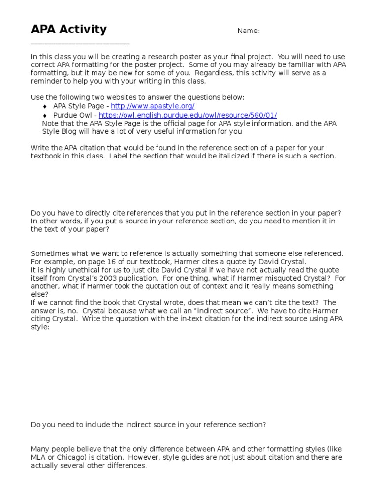 APA Activity | Citation | Apa Style